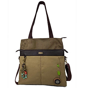CHALA Denim Canvas Convertible Stripe Work Tote (Olive_ Metal Dragonfly)