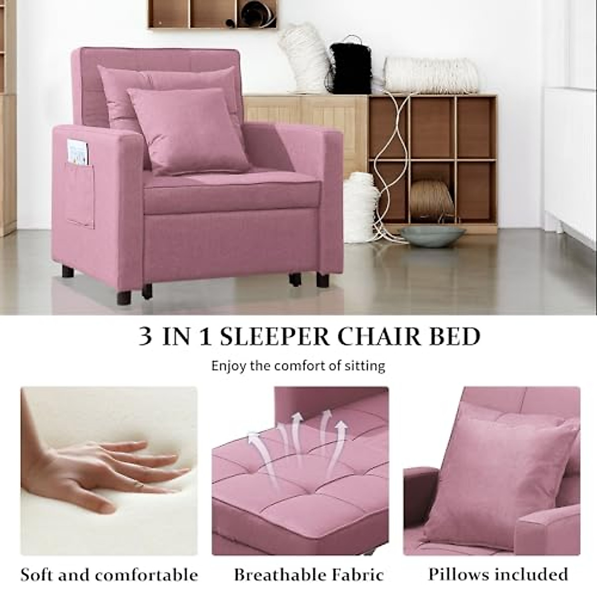 GOOGIC Convertible Chair Bed - Folding Sofa Bed Chair with Adjustable Backrest, 3-in-1 Multi-Functional Pull Out Sleeper Chair Bed Single Armchair Sofa Bed with Side Pocket (Pink)