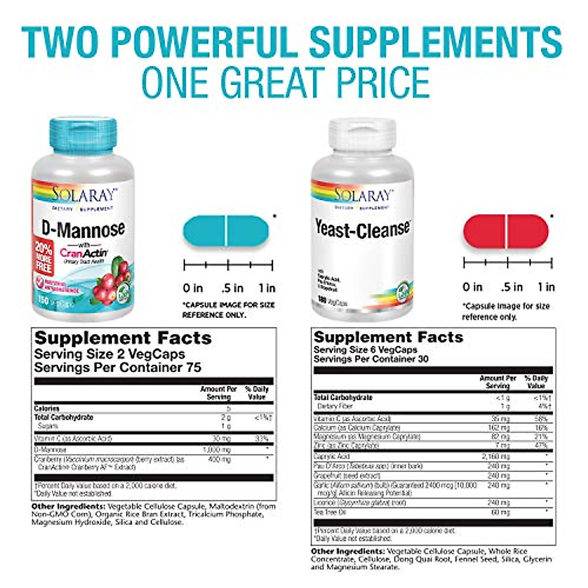 SOLARAY D-Mannose w/ CranActin Cranberry Extract 1000mg & Yeast-Cleanse Bundle | Healthy Cleansing Support | 150, 180ct