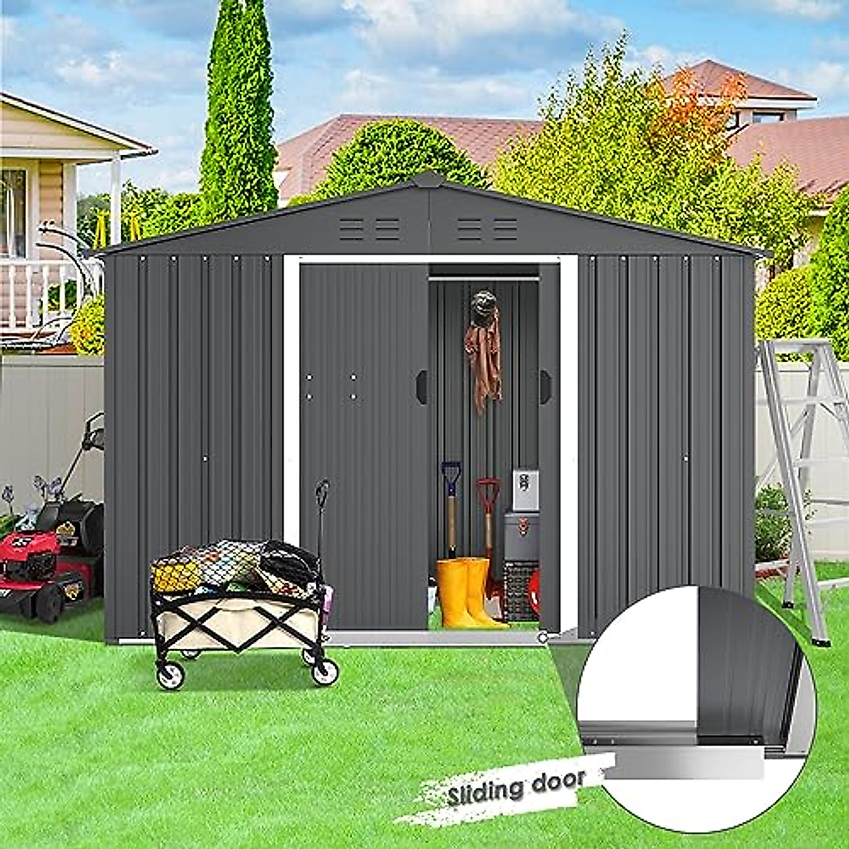 SUNCROWN Outdoor Garden Storage Shed 6X8 FT Yard Storage Tool with Sliding Door for Lawn Equipment Garden Backyard, Grey