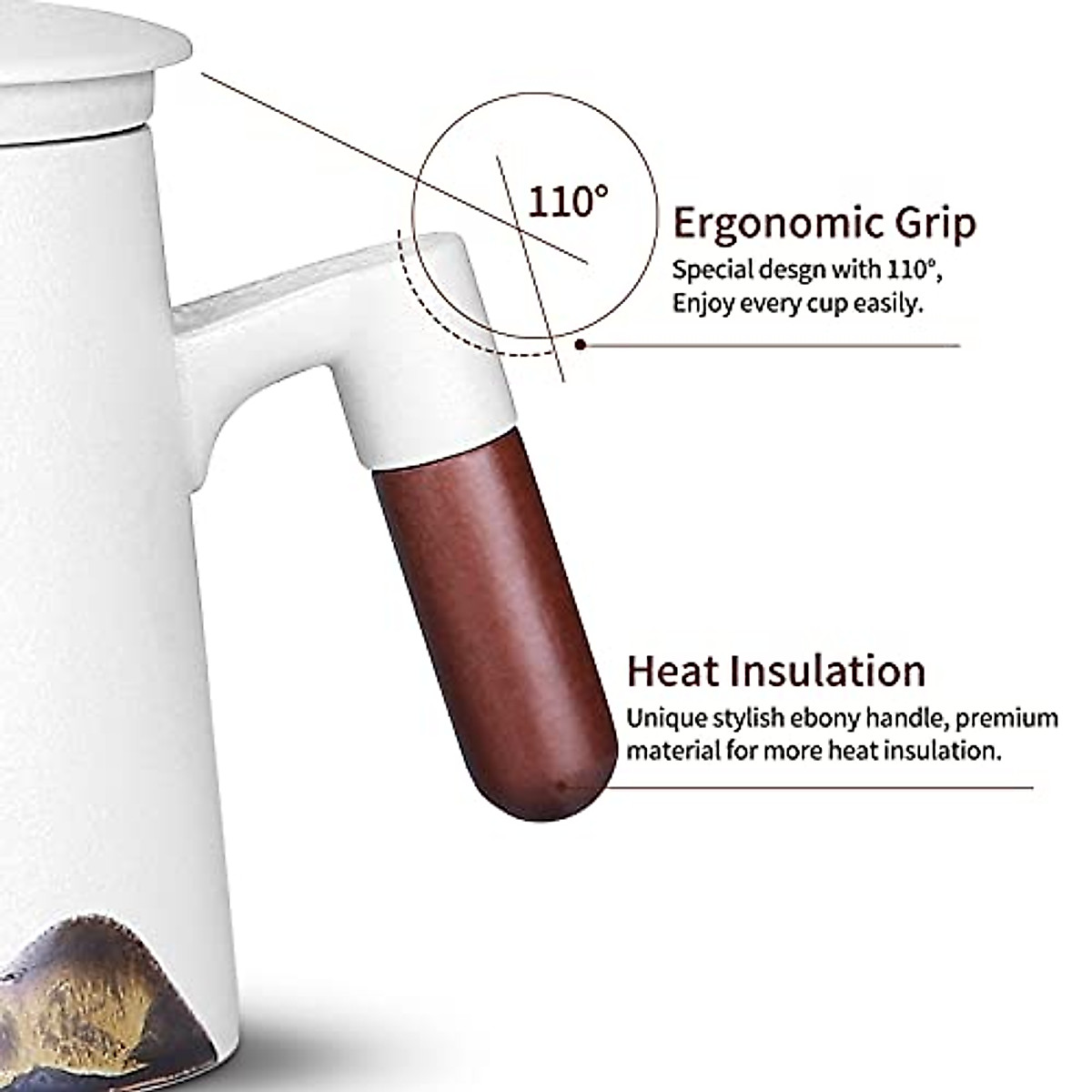 ENJOHOS Wooden handle Tea Mug Japanese Style Large Ceramic Tea Cup with Infuser and Lid, Fine Porcelain Infuser Mug for Work Life Gift (14 oz, Matte White)