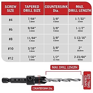 AIMLENTOOL Countersink Drill Bit Set, 5PCS Tapered Drill Bits, M2 Countersink Set with 1/4" Hex Shank Quick Change and 1 Allen Wrench for Woodworking, Pilot Screw Hole Set for Soft & Hard Wood