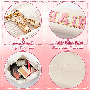 Y1tvei 2Pcs Preppy Patch SKIN HAIR Varsity Letter Cosmetic Toiletry Bag Pink Letter Makeup Bag Zipper Pouch Storage Portable Purse Waterproof Travel Organizer Gift for Women Teen Girls (Shell Gold)