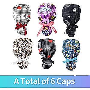 6 pcs Adjustable Bouffant Scrub Turban Cap with Buttons for Nurse Long Hair Ponytail,Surgical Beanie Hat for Medical Working