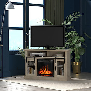 Electric Fireplace TV Stand for Living Room, Wood Entertainment Center Sliding Barn Door, Rustic Farmhouse Media Console with Open Shelves and Cabinets for TV up to 55"