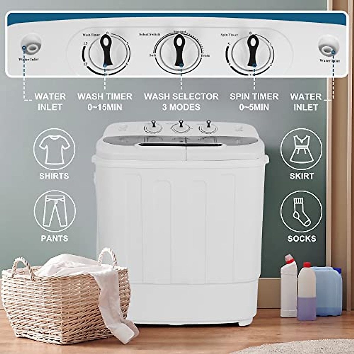 SUPER DEAL Compact Mini Twin Tub Washing Machine, Portable Laundry Washer w/Wash and Spin Cycle Combo, Built-in Gravity Drain, 13lbs Capacity for Camping, Apartments, Dorms, College Rooms, RV’s and more