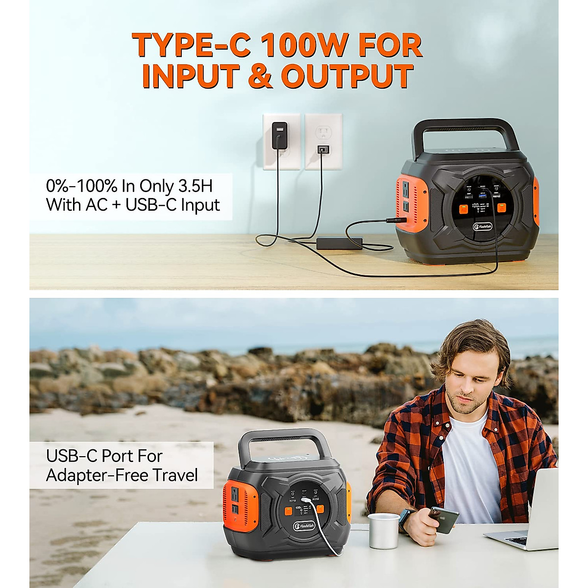 FF FLASHFISH 320W Portable Power Station, 292Wh 80000mAh Solar Generator With AC/DC/100W USB-C/Wireless Charger/SOS Light, CPAP Battery Pack Backup Power For CPAP Outdoor Adventure Camping Emergency