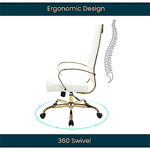 Pemberly Row High-Back Leather Office Chair with Gold Frame in White
