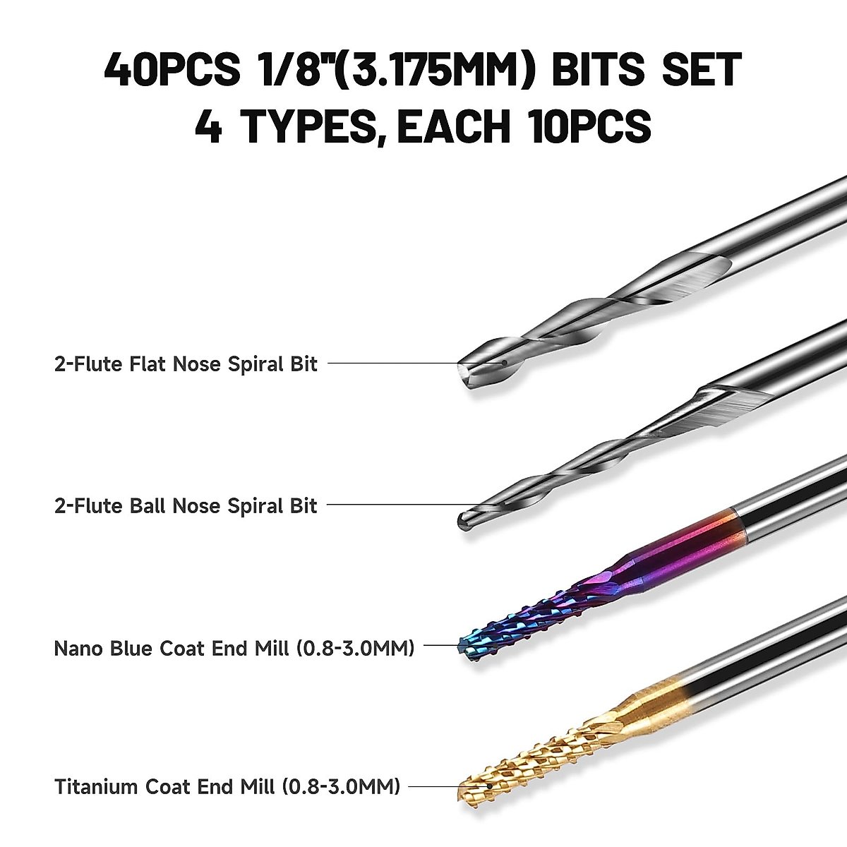 40pcs End Mills CNC Router Bits, 1/8 inch(3.175mm) Shank CNC Milling Carving Bit Set Including 2-Flute Flat & Ball Nose Spiral Bits, Nano Blue Coat & Titanium Coat End Mill, Suitable for ER 11 Collet