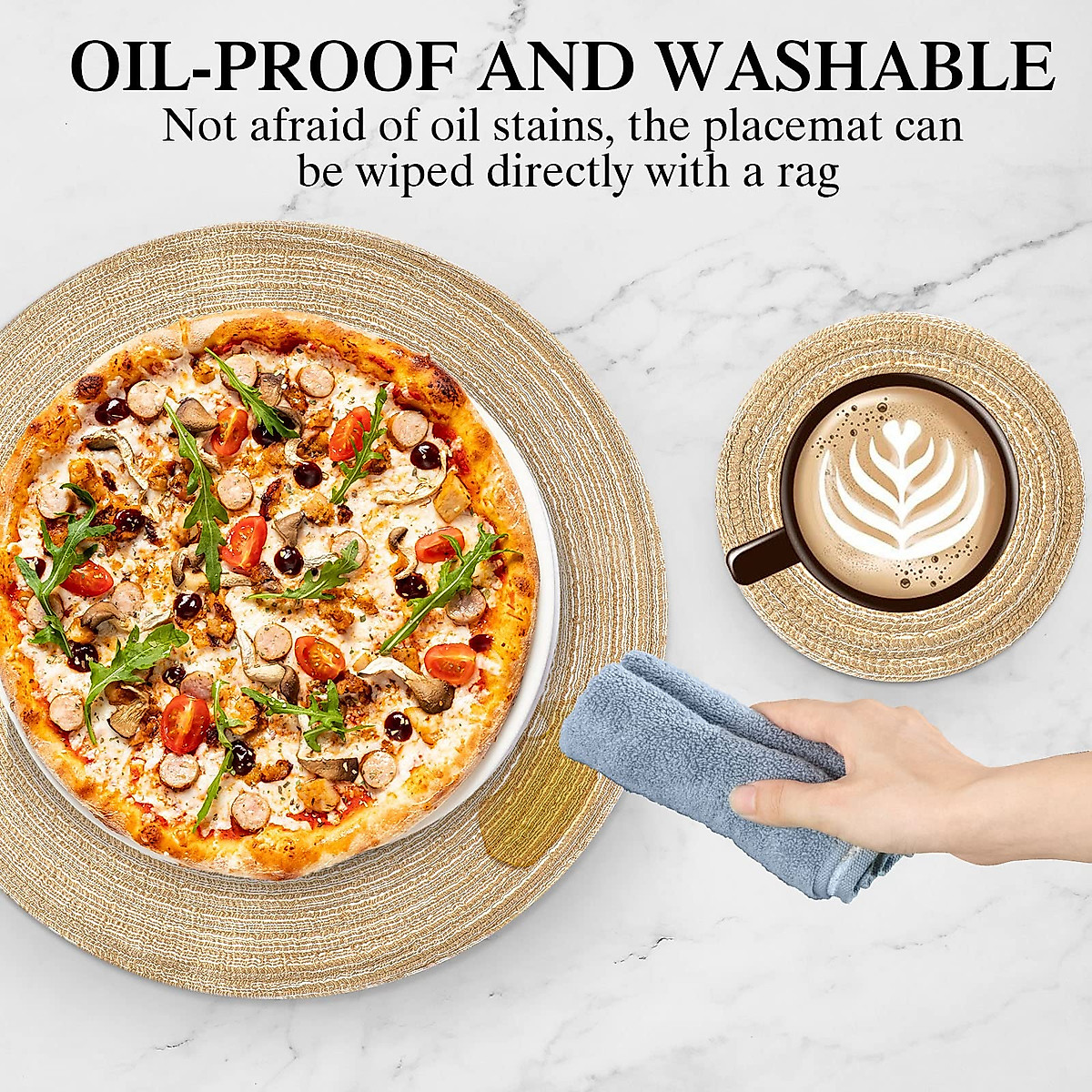 Thenshop 24 Pcs Woven Round Placemats and Rattan Coasters Set 12 Pcs 15 Inch Dining Table Mats 12 Pcs 4 Inch Coasters Non Slip Washable Heat Resistant Farmhouse Boho Place Mat(Beige)