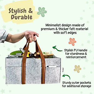 SanYeth Minimalist Grey Felt Diaper Caddy - Organizer Basket for Car, Nursery & Travel - 3 Compartment, Portable, Neutral Gift for Baby Boy or Girl