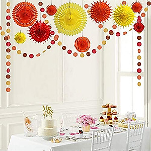 Orange Yellow Red Thanks Giving Party Decorations Autumn Fall Paper Fan Tissue Pompom Hanging Circle Dot Garland Banner Backdrop Birthday Wedding Bridal Baby Shower Decor Home Office School