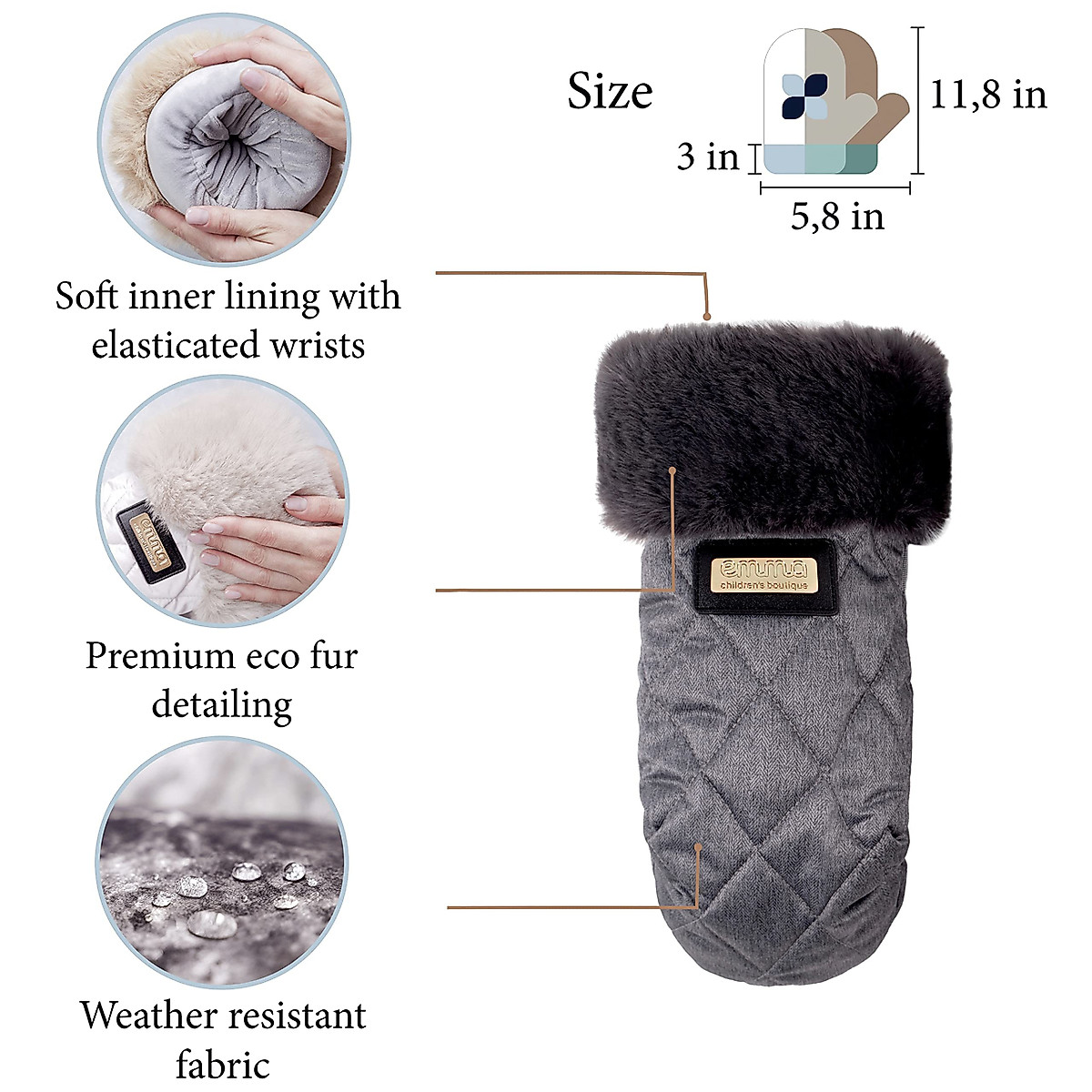 Emma Warm Muff Stroller Gloves, Wind and Water-Resistant, with Universal Fit, Kids Baby Pram Stroller Accessory, Anti-Freeze Gloves, Best for Freezing Cold Winter Conditions, Grey