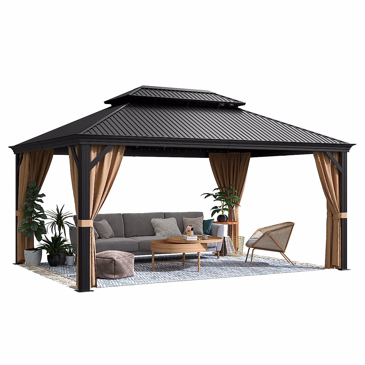Flamaker Hardtop Gazebo Aluminum Frame Outdoor Gazebo with Privacy Curtains and Gauze Mesh Sunshade Pavilion Double Roof Canopy for Patio, Deck, Poolside (Aluminum Roof, 12' x 16')