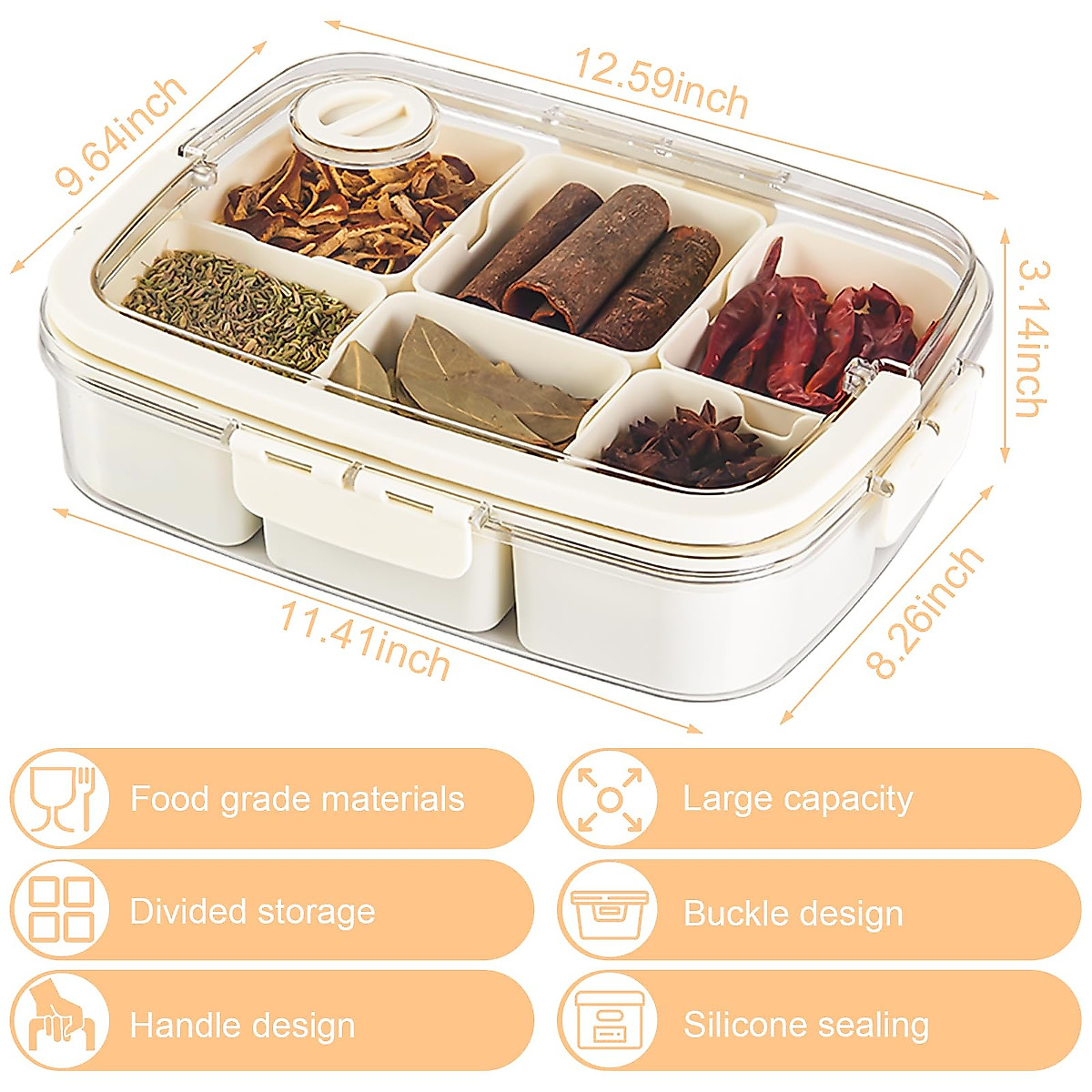 Hutuzldz Divided Serving Tray with Lid, 6 Compartments Snackle Box Charcuterie Container, Portable Snack Platters for Fruit, Nuts, Vegetable, Entertaining, Party, Picnic (1 pack 6 Compartments)