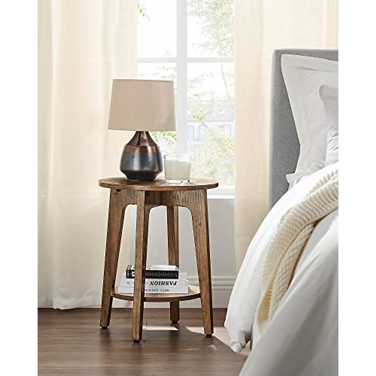 VASAGLE Round End Table with Lower Shelf, Nightstand for Small Spaces, 15.8 x15.8 x 19.7 Inches, Rustic Walnut