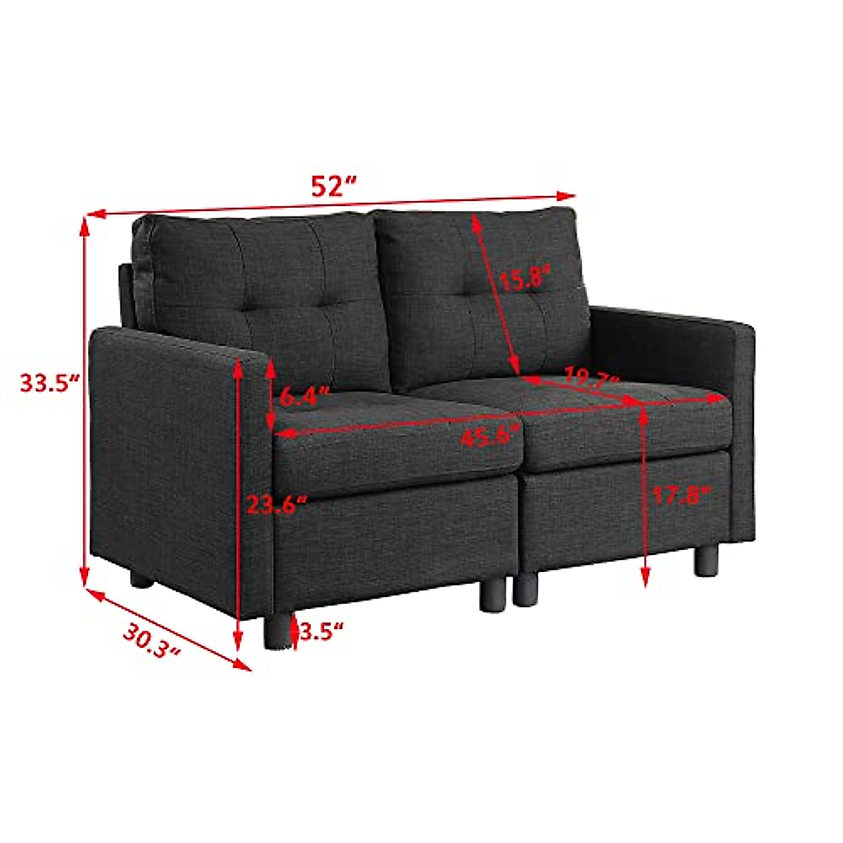 Payeel Convertible Sectional Sofa Couch 52" Loveseat with Tufted Cushion Back for Small Space,Living Room,Apartment (Loveseat,Dark Gray)