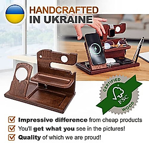 TESLYAR Wood Phone Docking Station Charger Xmas Gifts for Men or Dad for Husband Birthday Wife Nightstand Organizer Key Holder Wallet Solid Ash
