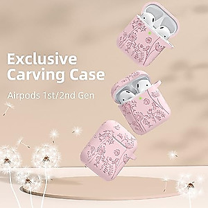 Lerobo Flower Engraved Case for AirPods Case Cover, Stylish Soft Silicone Protector with Keychain, Compatible with Apple AirPods 1st/2nd Generation Charging Case, Front LED Visible, Pink