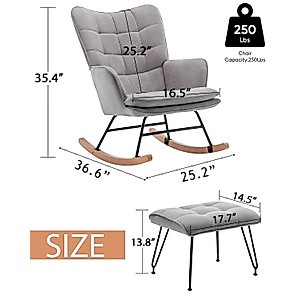 HOMMOW Nursery Rocking Chair with Ottoman, Comfortable Fabric Rocker Glider Chair with High Backrest,Grey Armchair Comfy Side Chair for Nursery Bedroom Living Room
