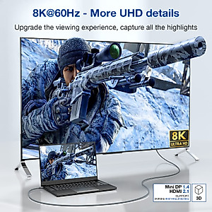 8K Mini DisplayPort to HDMI Cable 9.9FT, Mini DP to HDMI 2.1 Cord, Support 8K@60Hz, 4K@120Hz, 2K@240Hz, HDR, FreeSync, VRR, Dolby Vision for Thunderbolt 2, iMac, Surface Pro/Dock, Monitor, Graphics