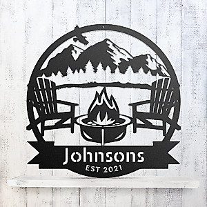 RealSteel Personalized Campfire Name Sign - Custom Metal Wall Art with Adirondack Chairs, Mountains, and Campfire Scene - Rustic Cabin, RV, and Campsite Decor - Gift for Campers & Nature Lovers - Black, 18"