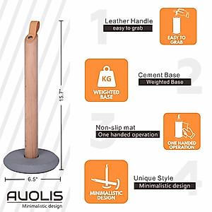 Paper Towel Holder Countertop - Auolis Wooden Paper Towel Rack - Stand Kitchen Accessories Paper Towels Rolls Dispenser with Leather Handle & Cement Base ,for Bathroom and Farmhouse(White)
