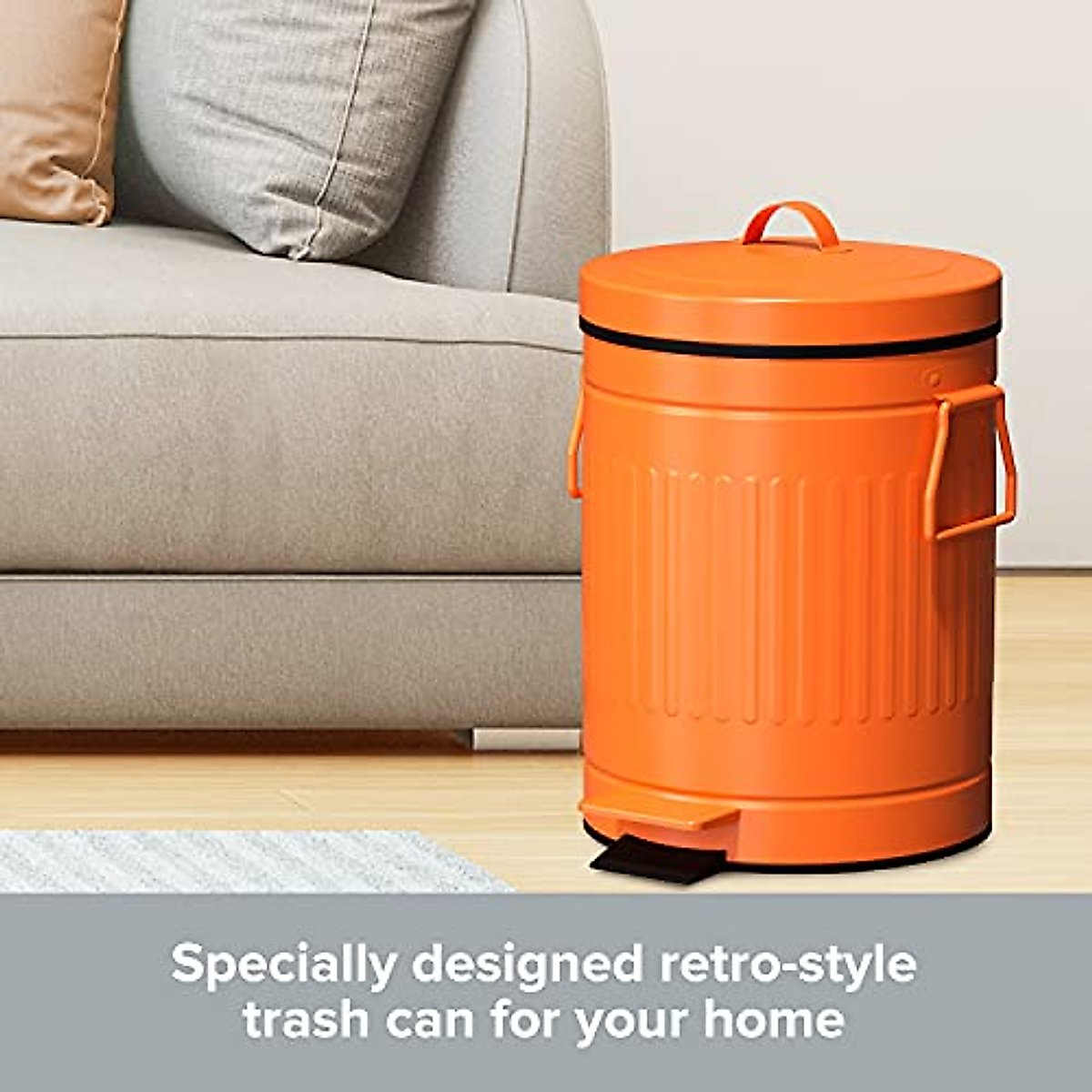 Retro Trash Can with Lid - 5L/1.3Gal Step Trash Can w/ Soft Closing Lid - Round Garbage Can w/ Handles - Touchless Trash Can w/ Removable Garbage Guard Bucket - Outdoor Garbage Can - Large Trash Bin, Orange