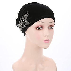 YiYi Operation Women's Stretch Velvet Turban Hat Cancer Chemo Beanie Beaded Flower Hair Wrap Cap Headwear (Black)
