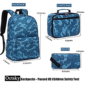 Octsky Kids Backpack for School Girls Boys Backpack with Lunch Box Set Elementary High School Book Bag Backpack for Teens Camo Shark Blue