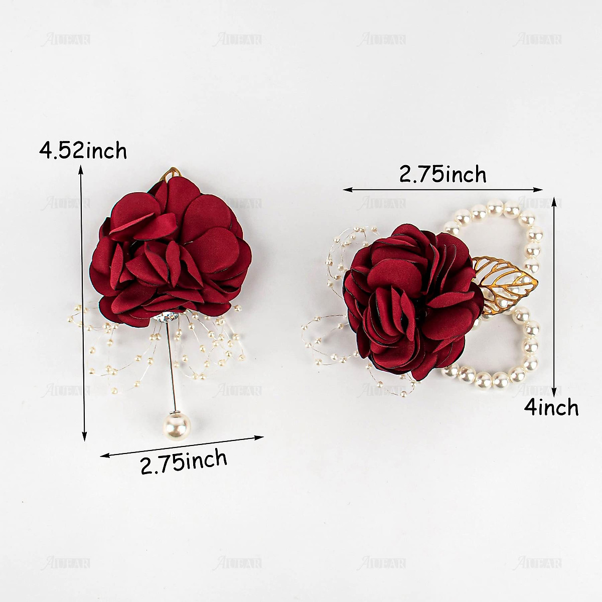 AUEAR, Rose Bridal Burgundy Red Wrist Corsage and Boutonniere Set Bridesmaid Hand Flower for Wedding