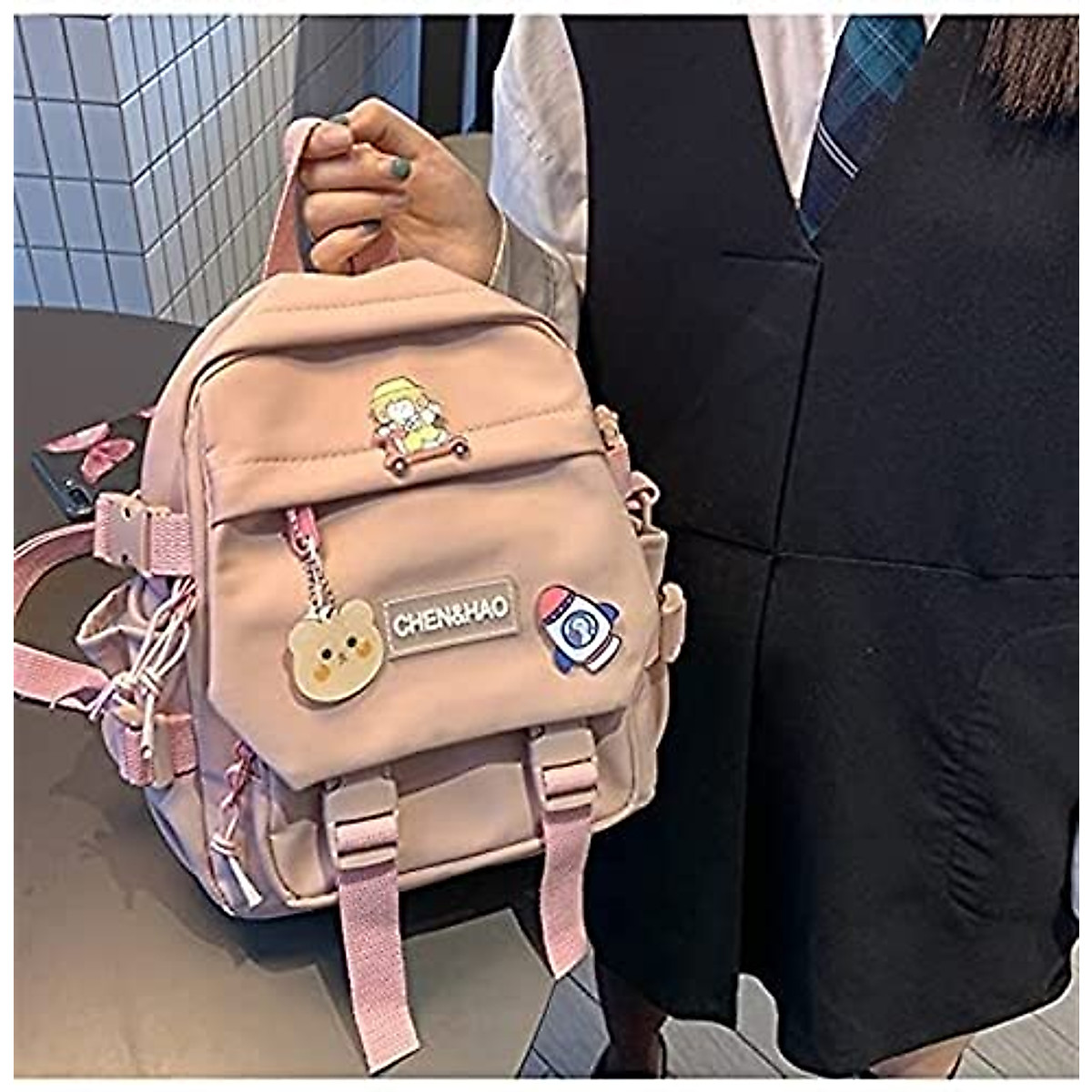 Fashion Girl School Bag Kawaii Backpack Waterproof Nylon with Kawaii Pendant Backpack Portable (Color : Pink)