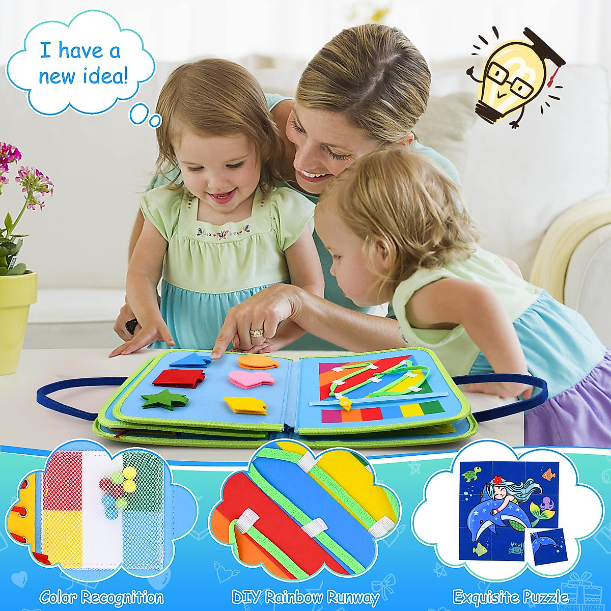 Busy Board Montessori Toys for 1-4 Year Old Toddler, Preschool Educational Learning Activities Developing Sensory Board for Fine Basic Dress Motor Skills/Travel Toys for Plane Car, Gift for Girls Boys