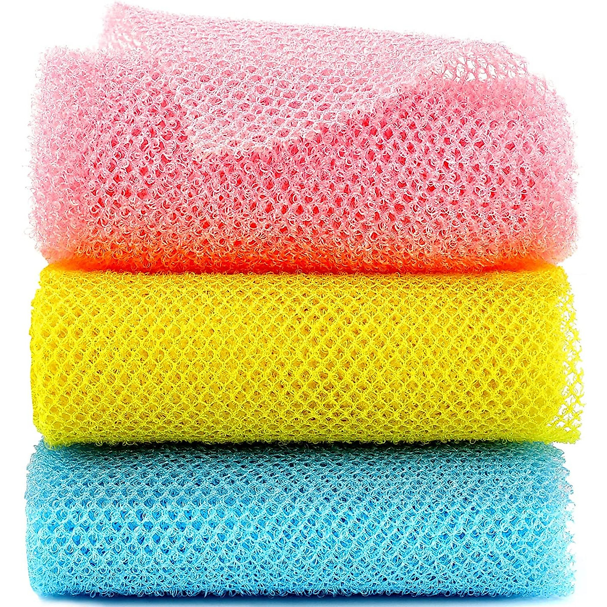 African Net Sponge Long Net Bath Sponge Exfoliating Shower Body Scrubber Back Scrubber Skin Smoother Body Exfoliating Cloth Nylon Bathing Scrubber for Men Women for Daily Use (Lake Blue Pink Yellow)