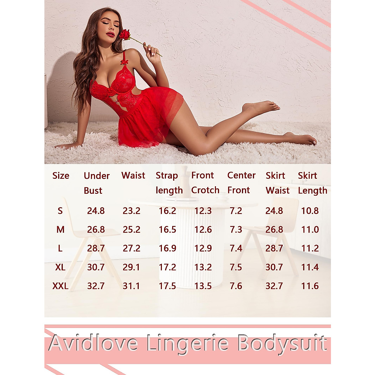 Avidlove Lingerie for Women Lace Bodysuit with Detachable Mesh Mini Skirt Push Up Teddy Lingerie Set Red