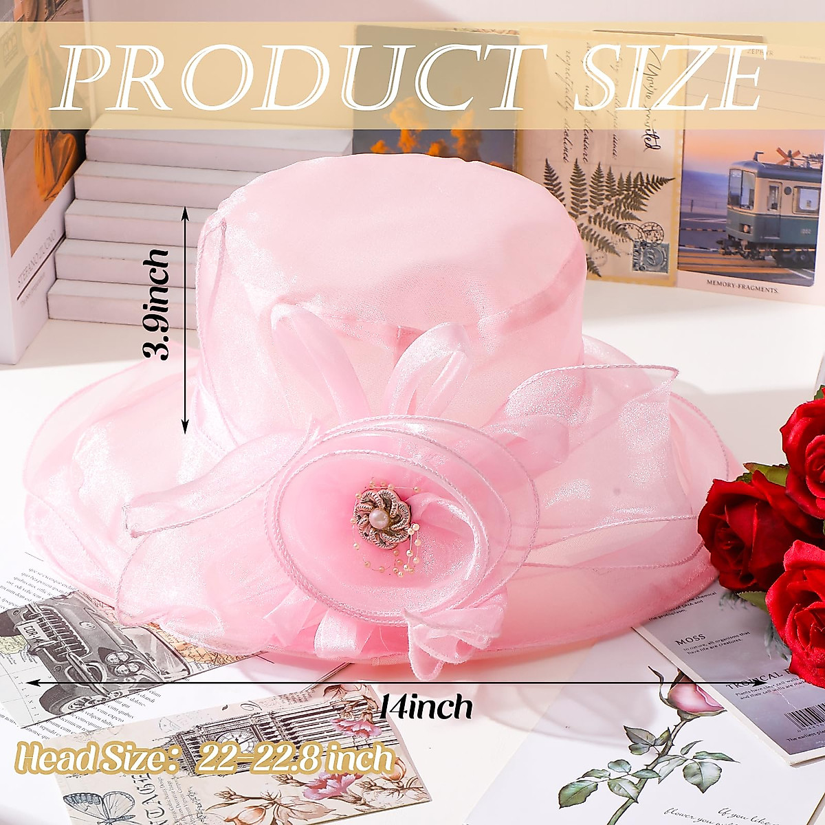 Breathffy 4 Pcs Derby Hats Women Organza Church Fascinator Bridal Flower Hat Wide Brim White Church Hat for Derby Day Wedding Tea Cocktail Party Sun, Beige Red White Pink