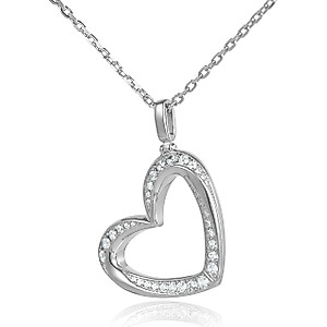 ILLUMIN Tender Tilted Heart Pendant Necklace for Women 925 Sterling Silver with Cubic Zirconia, Rhodium-Plated, 16-18 inch Adjustable Cable Chain