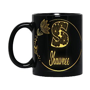 Coffee Mug Personalized Shawnee Name & Initial Letter Monogram Floral Alphabet Mug Golden Flowers Custom Black Coffee Cup, Gift for Her Mom Coworker Sister, Wife, Girl 11oz Black Mug 689706