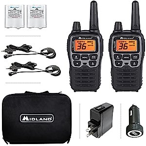 Midland - X-TALKER T77VP5, 36 Channel FRS Two-Way Radio - Up to 38 Mile Range Walkie Talkie, 121 Privacy Codes, and NOAA Weather Scan + Alert (Includes a Carrying Case and Headsets) (Black/Silver)