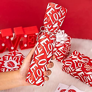 LeZakaa 60 Sheets Tissue Paper Bulk & 30 Pcs Lip Print Gift Sticker -"Love" Lettering Design for Valentine's Day (13.8 inch x 19.7 inch)