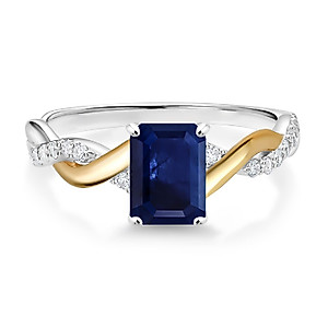 Gem Stone King 925 Silver and 10K Yellow Gold Gemstone Birthstone and Lab Grown Diamond Engagement Ring | Emerald Cut 7X5MM | Wedding Engagement Anniversary Promise Ring For Women