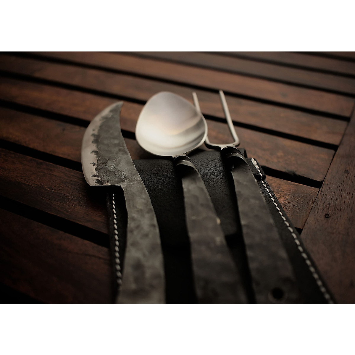 Handforged Medieval Cutlery Set - Stainless Steel Knife, Fork and Spoon Set - Includes Genuine Leather Utensil Pouch