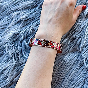 FRONT LINE JEWELRY Women's Red Flower Bracelets Cuff Daisy Flowers Bracelets on a Copper Cuff with a Red Background. Valentine's Day Gifts