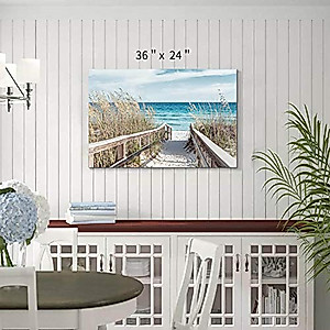 TAR TAR STUDIO Beach Artwork Seascape Wall Art: Seaside Painting Fence Pathway Picture Print on Wrapped Canvas for Living Room (36''W x 24''H, Multiple Sizes)