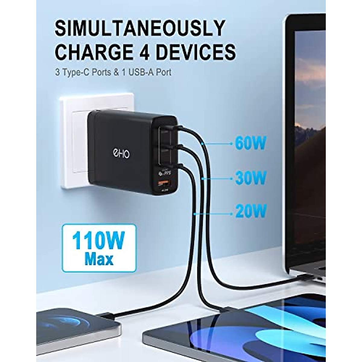 USB C Charger, 100W USB-C Power Adapter, Super Fast Charger for Samsung, GaN III Compact & Foldable Versatile Charger, 3 USB C+1 USB Port Charging Block Compatible with MacBook/iPhone/iPad, UL Listed