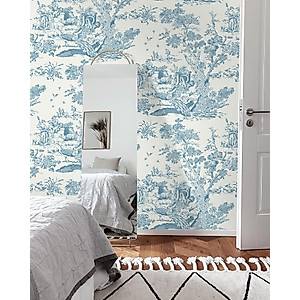 Peel and Stick Wallpaper Blue and White Wallpaper Toile Removable Self-Adhesive Wallpaper for Bedroom Bathroom Vintage Contact Paper for Walls Covering 16In×78.7In