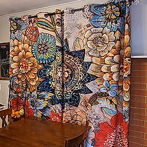 Xiongfeng Floral Curtains Blackout Boho Vintage Window Panels Room Darkening Flowers Print Curtain Drapes with Grommet Thermal Insulated for Living Room Dining Room Bedroom, 52" × 84" , 2 Panels