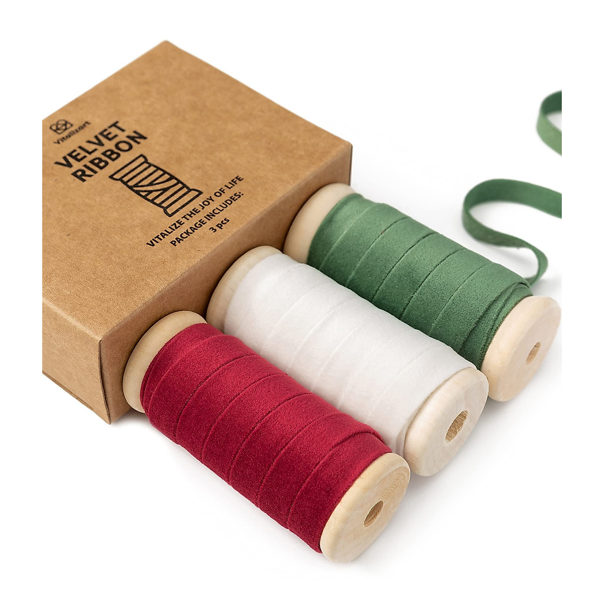 Vitalizart Christmas Velvet Ribbon Set 3/8" x 15Yd Wooden Spool Fabric Trim Eco-Friendly 3 Rolls * 5Yd for Christmas Wreath Decoration Handmade Craft Ornaments Gift Wrapping & Bow Making