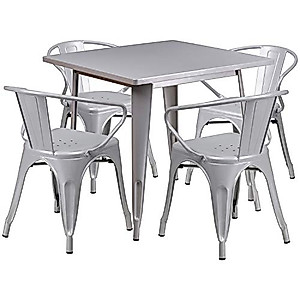 EMMA + OLIVER Commercial Grade 31.5" Square Silver Metal Indoor-Outdoor Table Set-4 Arm Chairs