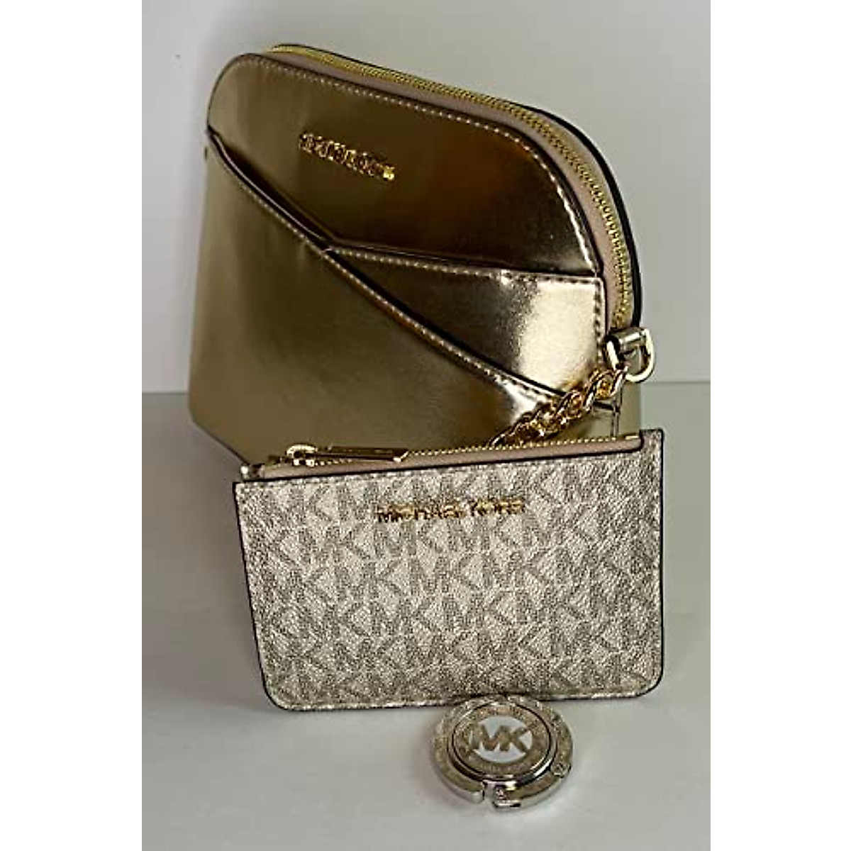 Michael Kors MICHAEL Michael Kors Jet Set Travel MD Dome XCross Crossbody bundled with SM TZ Coinpouch Purse Hook (Pale Gold/Signature Pale Gold)